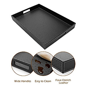 Ranslen Serving Tray with Handles, 20 x 16 Inch Rectangular Leather Tray for Coffee Table, Breakfast, Kitchen Home Black Tray Decor Extra Large