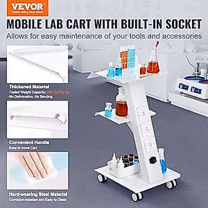 VEVOR Lab Trolley, Built-in Socket Rolling Lab Cart, 3 Layers Tray Rolling Clinic Cart, 360° Silent Rolling Wheels w/Foot Brake, 88 lbs Weight Capacity Sturdy Steel Frame, for Lab Clinic Beauty Salon