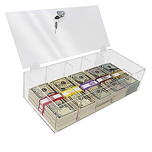 Acrylic Locking Currency Tray, 5 Compartment Cash Organizer Money Storage Box with Lockable Cover, 300 Currency Wrappers Included