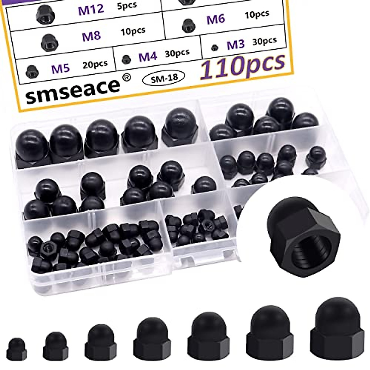 smseace 110pcs 7-Values Acorn Nuts Bolt Cap kit M3/ M4/ M5/M6/M8/M10/M12 Hex Acorn Cap Nuts Nylon Screw Covers Caps Acorn Cap Nuts Assortment Kit