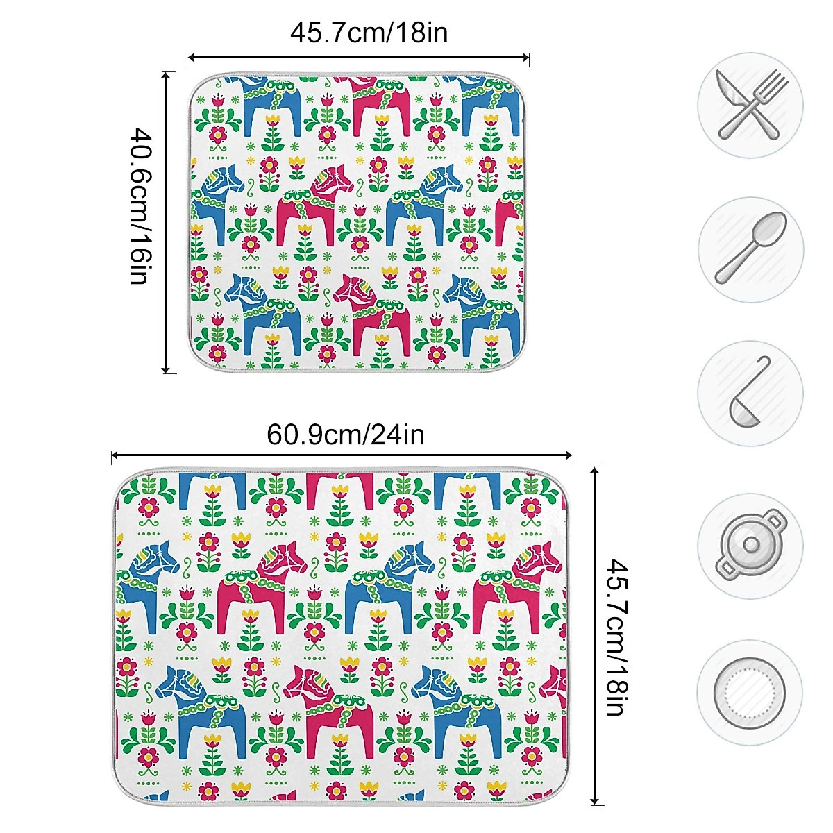 Dish Drying Mat for Kitchen Folk Art Dala Horse Absorbent Heat Resistant Dishes Drainer Pad 18 x 24 Inch