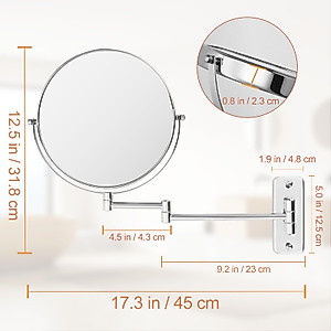 FFowcye 8” Wall Mounted Makeup Mirror - 1X/10X Double Sided Magnifying Bathroom Mirror, 360° Swivel Extendable Vanity Shaving Mirror with Adjustable Arm for Bathroom, Chrome（No Light）