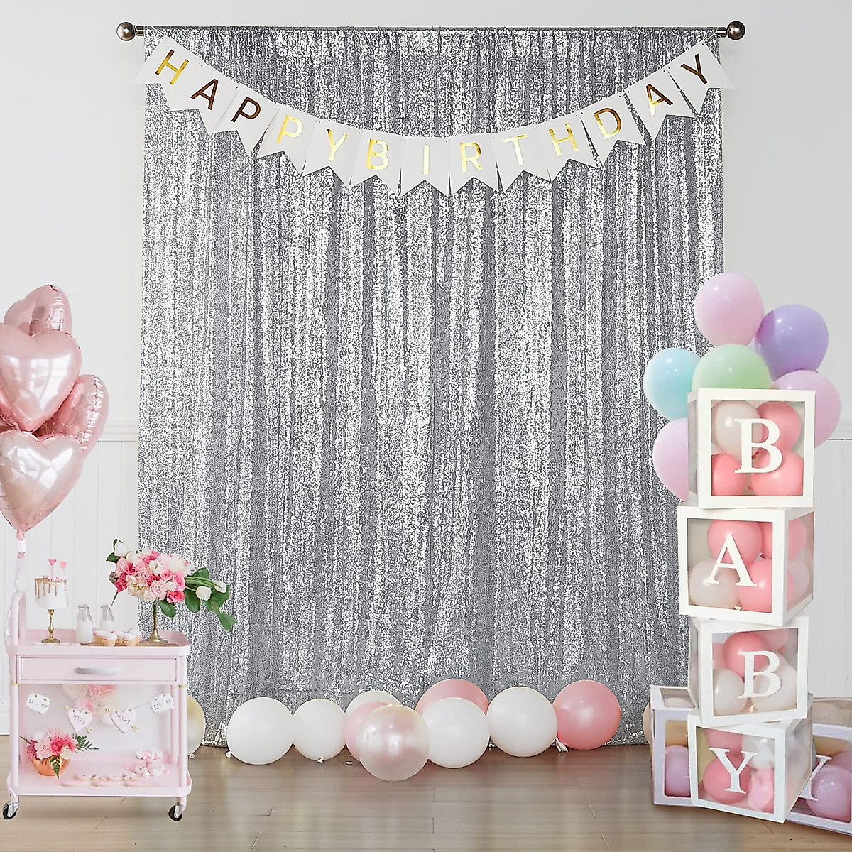 Sugargirl Silver Sequin Backdrop Curtain 4 Panels 2FTx8FT Glitter Silver Background Drapes Sparkle Photography Backdrop for Party Wedding Birthday Wall Decoration