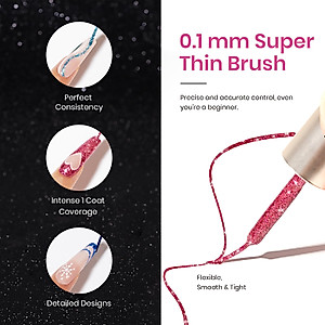 beetles Reflective Glitter Nail Art Gel Liner, 6 x 7ml Gel Nail Polish Built in Thin Brush, Soak off Curing Nail Gel for French Tip Nails Design Sparkle Under Light Flash Diamond Painted Polish