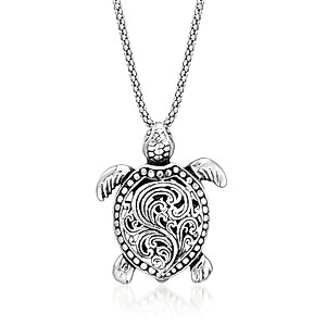Ross-Simons Sterling Silver Bali-Style Turtle Pendant Necklace. 18 inches