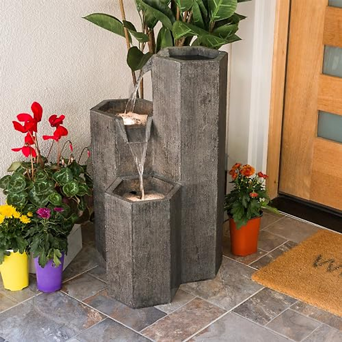 Alpine Corporation 25" Tall Indoor/Outdoor 3-Tier Hexagonal Columns Fountain with LED Lights
