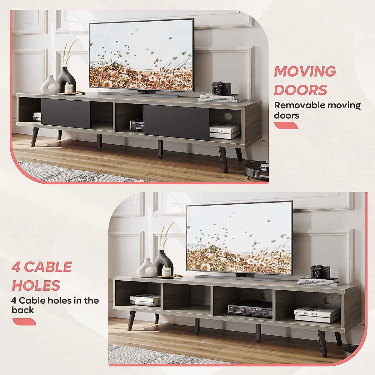 Bestier 70 inch Mid Century Modern TV Stand for 75 inch TV, Low Profile TV Stand with Storage, Entertainment Center for Living Room, Cord Management, Gray Wash