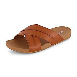 CUSHIONAIRE Women's Jackie cross band footbed slide sandal +Comfort Foam, Tan 8