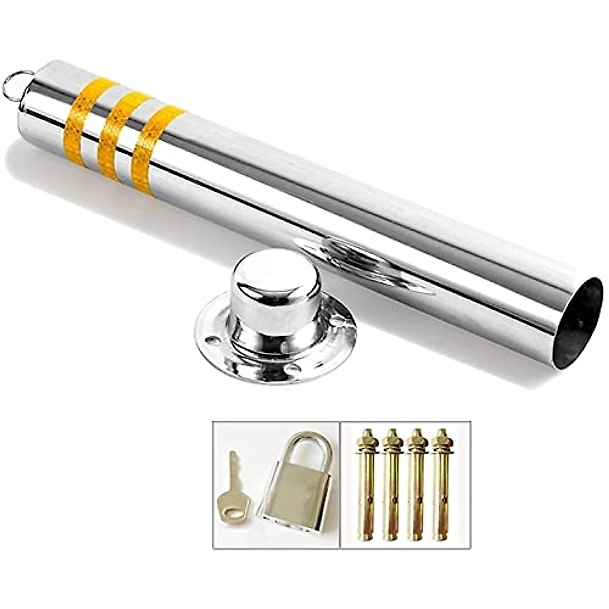 CAIMIAO Car Parking Space Lock Bollard Stainless Steel Parking Posts for Driveways with Padlock Reflective Security Post Bollard (Color : Silver White, Size : 750x76mm)