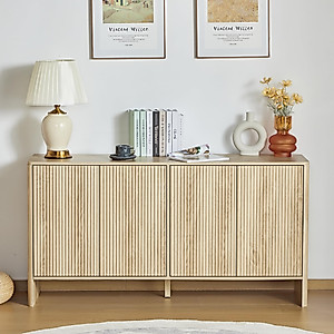 Sideboard Buffets Cabinet, Modern Accent Storage Cabinet with 4 Fluted Doors and Adjustable Shelves, Wood Credenza Buffet Sideboards, Console Table for Kitchen Dining Living Room Entryway (Natural)