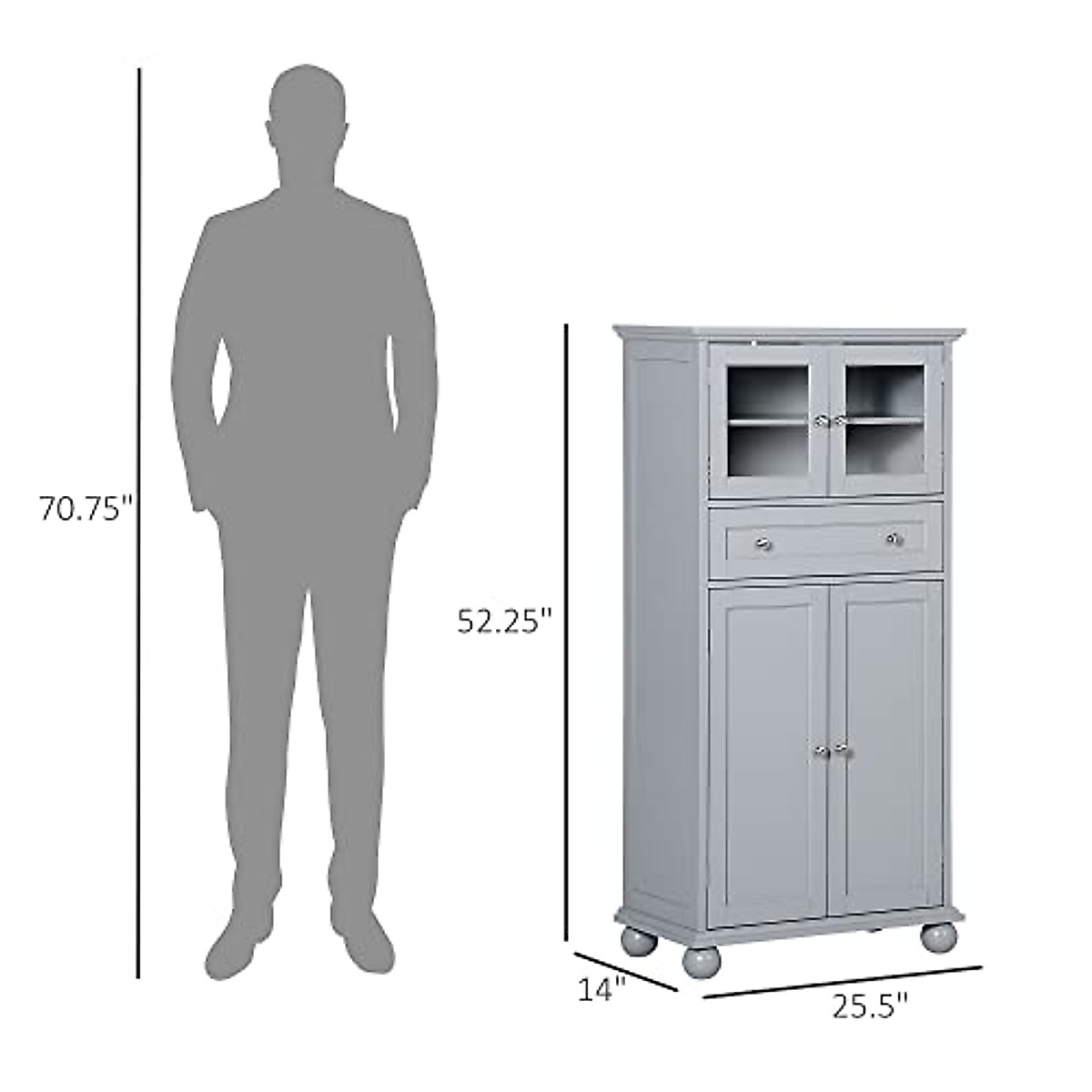 HOMCOM 52" Traditional Kitchen Pantry, Floor Storage Cabinet, Small Cupboard Organizer with Adjustable Shelves and 4-Doors for Dining Room, Living Room, Grey