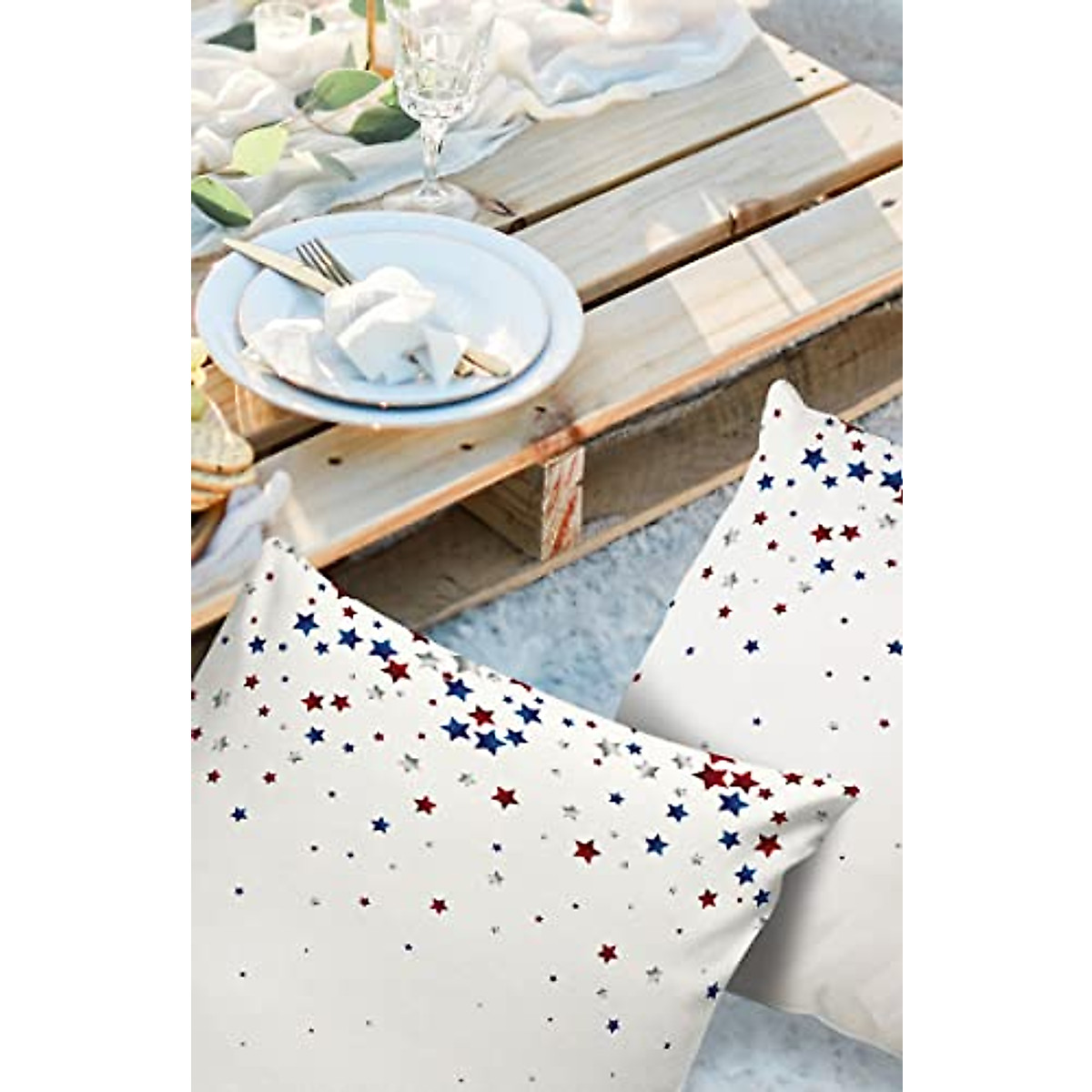 Outdoor Pillows 18x18 Waterproof Outdoor Pillow Covers, Memorial Independence Day Polyester Throw Pillow Covers Garden Cushion Decorative Case for Patio Couch Decoration Set of 2, Patriotic Star