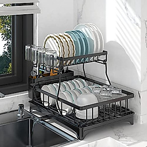 B BEAUTYBABY 2 Tier Dish Drying Rack with Drainboard Dish Racks for Kitchen Counter Dish Drainers Set with Utensils Holder Auto-Drainage Large Capacity Stainless Steel Dish Rack Detachable