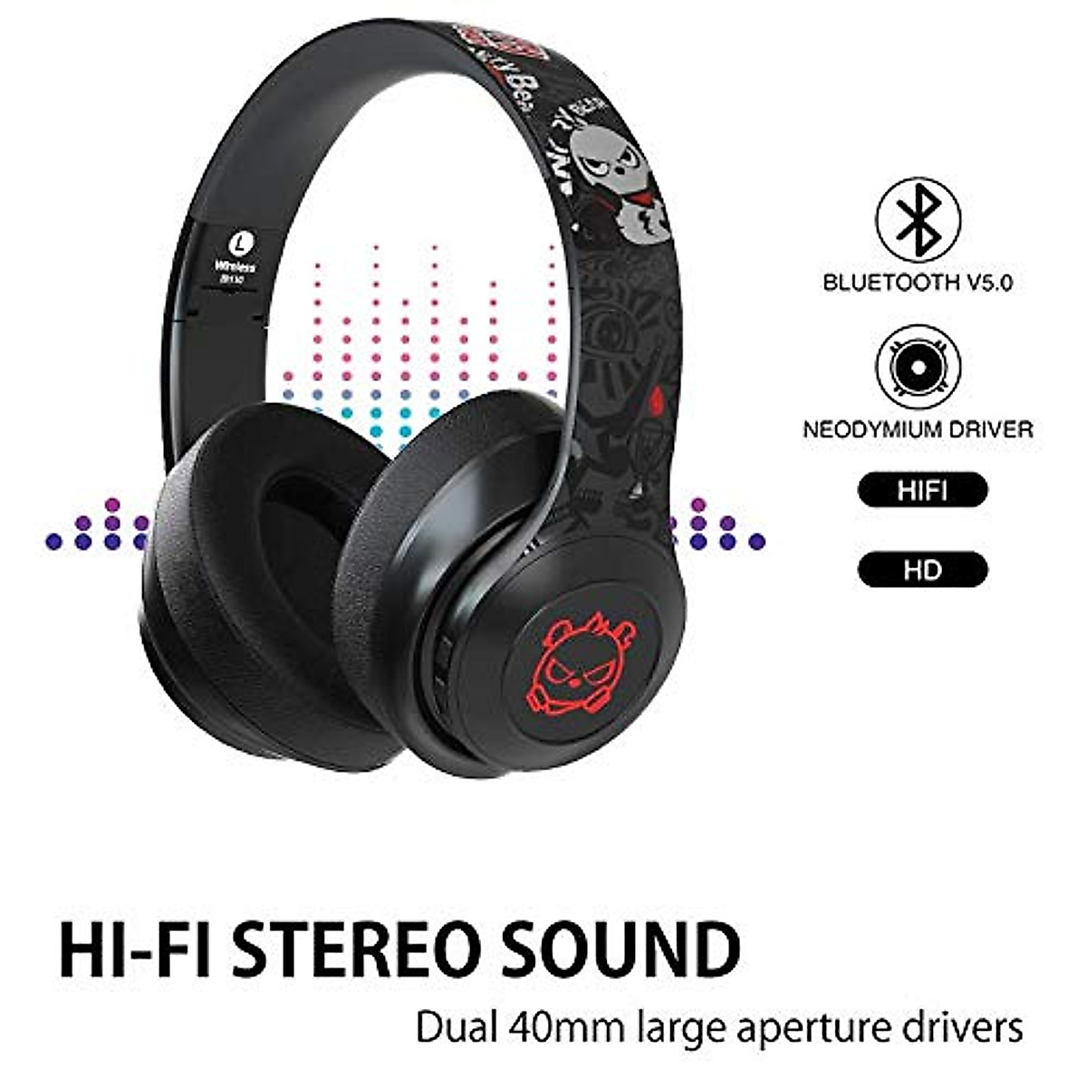 B.U Angry Bear, Bluetooth 5.0 Over Ear Headphones, Wireless/Wired, Built-in Microphone, 7-Color LED Light Display System, Deep Bass, Compatible with Smartphones, Tablets, Computers, and TV. (Black)