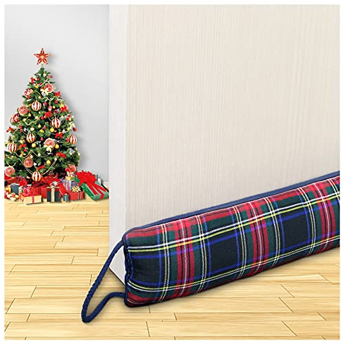 Under Door Draft Stopper 38 Inches Noise Blocker for Door Bottom Air Seal Insulation and Soundproof, Heavy Duty Weather Guard Snake Stripping,Tartan Check Navy Blue