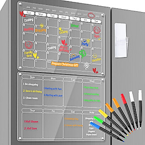 Acrylic Magnetic Fridge Calendar & Weekly Planner Monthly Dry Erase Board for Refrigerator w/ 8 Markers & Magnetic Pen Holder Meal Planning Whiteboard 16''x12'', 2 Boards (Calendar + Weekly Planner)