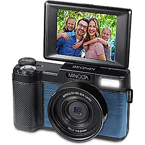Minolta MND30-BL 30MP 2.7K Ultra HD 4X Zoom Digital Camera (Blue) Bundle with Deco Photo Point and Shoot Field Bag Camera Case (Black/Red)