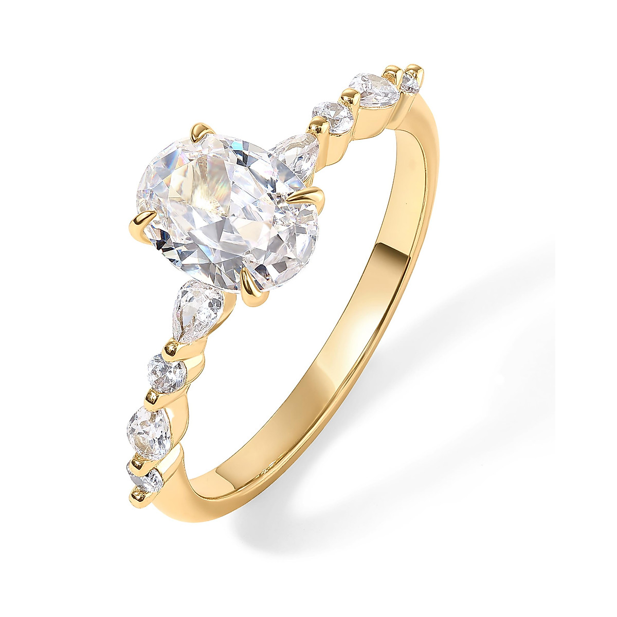 PAVOI 14K Yellow Gold Plated 1.25CT Oval Cubic Zirconia Promise Engagement Ring | Solitaire Wedding Bands | Halo Fake Engagement Ring for Women | Size 7