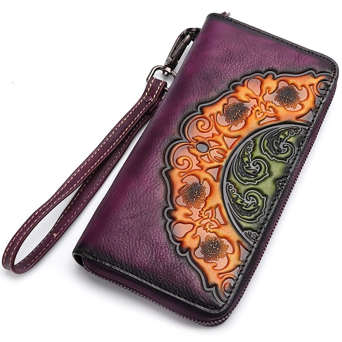 IVTG Genuine Leather Wallets for Women Long Purse Vintage Embossing Cowhide Handmade Small Clutch (Purple)