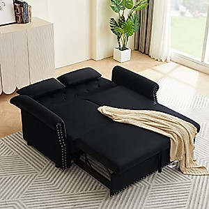 3-in-1 Convertible Futon Loveseat with Pull Out Sleeper Couch Bed and Nailhead Decor, Button Tufted Reclining Backrest Love Seat Sofabed W/ 2 Pillows for Home Apartment Office Loft RV Living Room