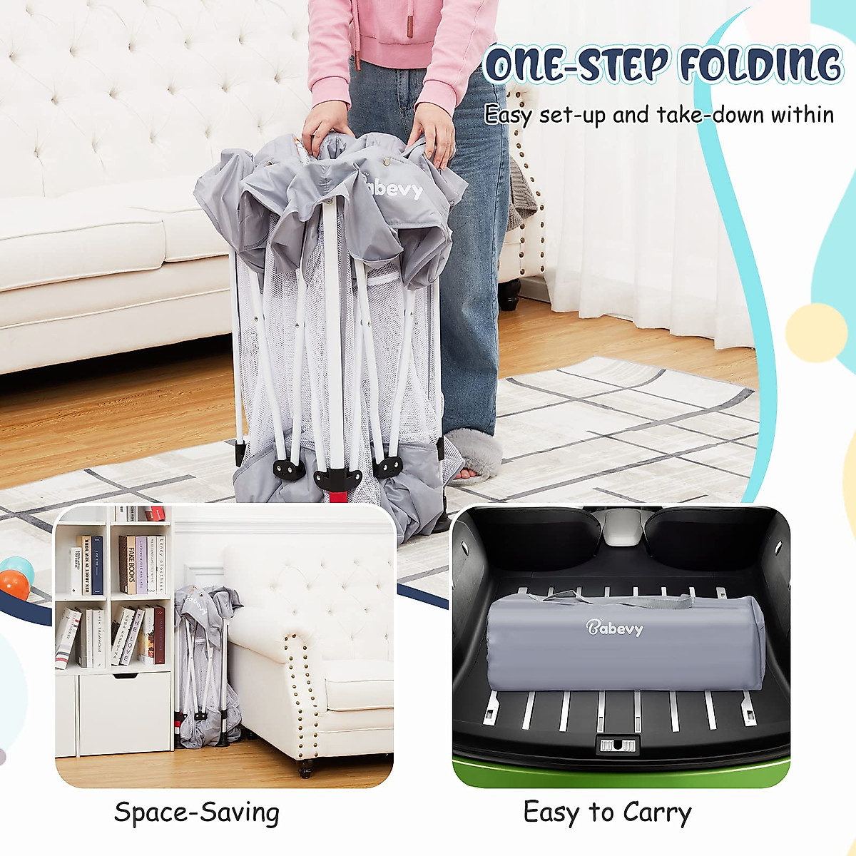 Babevy Foldable Baby Playpen Portable Baby Fence Play Yard for Babies and Toddlers with Gate, Indoor & Outdoor (Grey)