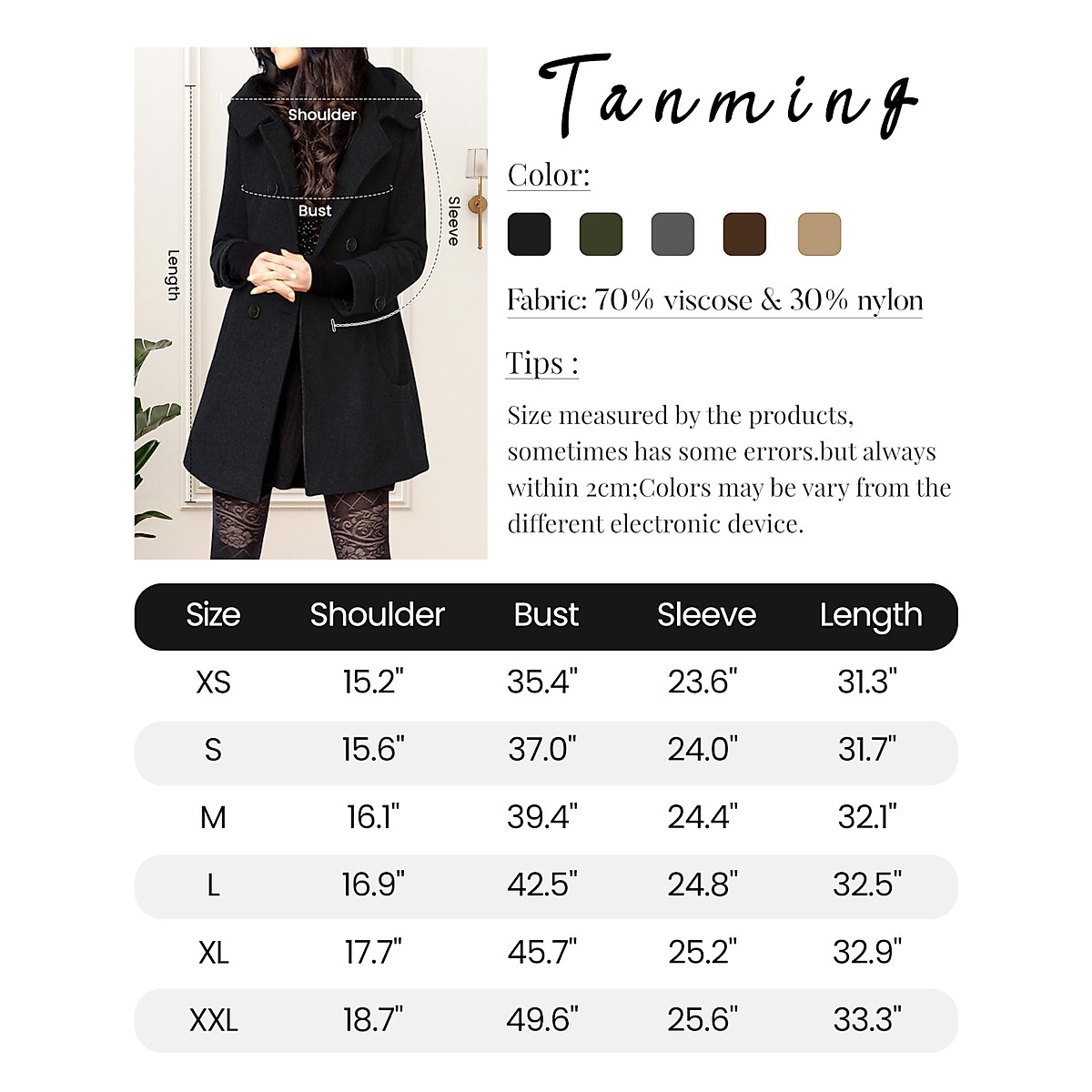 Tanming Women's Warm Double Breasted Wool Pea Coat Trench Coat Jacket with Hood (Black-XL)