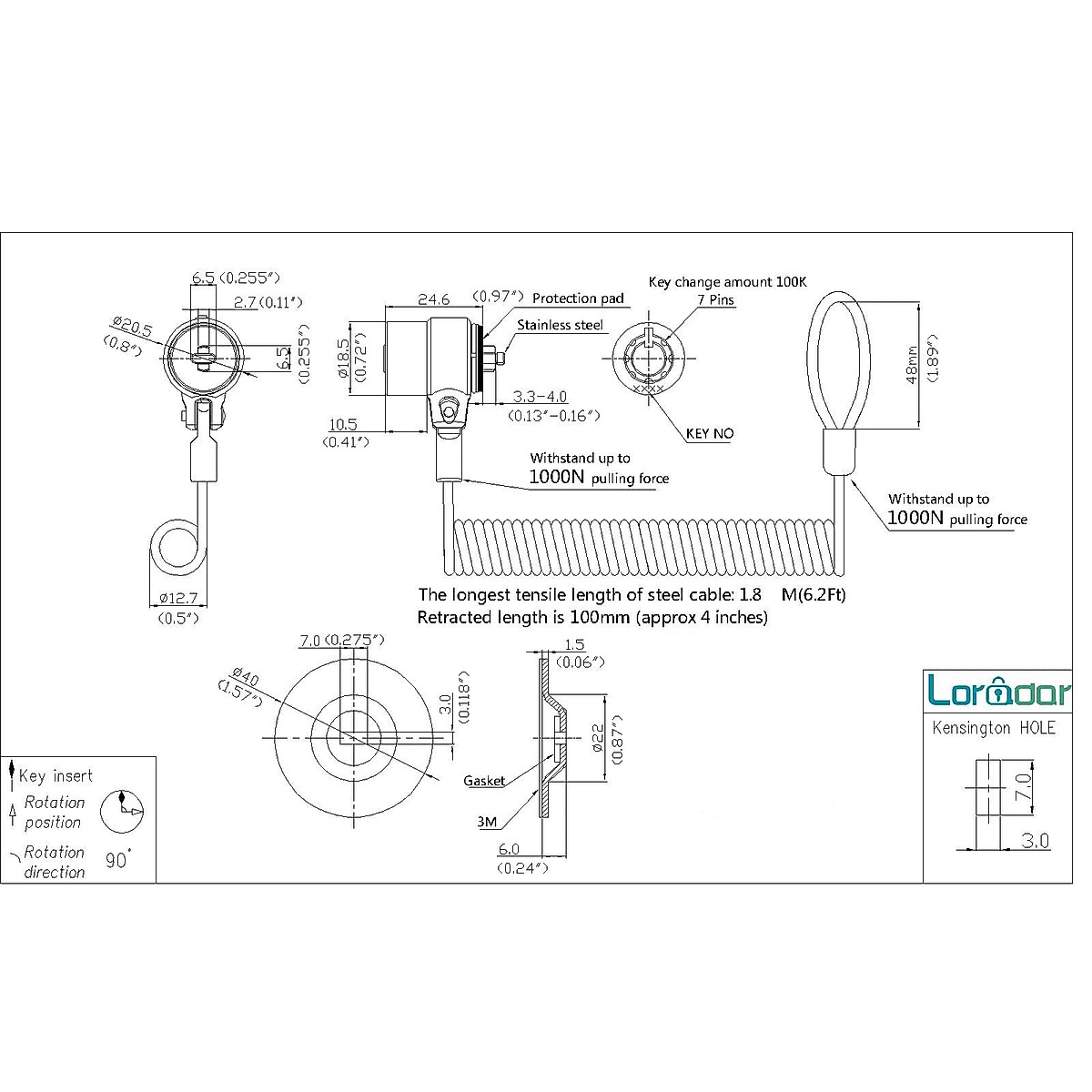 LORADAR 5Pack Single Package keyed Alike Security Hardware Cable Lock Kit Laptop Lock 5Keys 6.2Ft for Monitors, Laptops, MacBooks, Tablets, iPad,Mac Mini (Single Package keyed Alike)