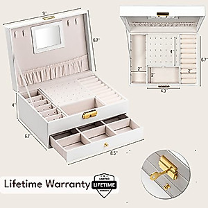 NUCAZA Jewelry Box For Women Girls With Mirror, 2-Layers Large Jewelry Organizer Box for Earrings, Necklaces, Bracelets & Rings - Travel Jewelry Case, Jewelry Holder Storage, Gifts For Women White