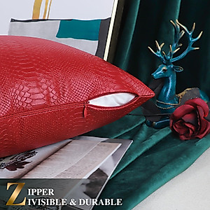 BRAWARM Christmas Red Leather Throw Pillows 20 X 20 Inches, Snake Leather Pillow Covers Pack of 2, Faux Leather Decorative Pillow Covers for Couch Living Room Garden Bed Sofa Home