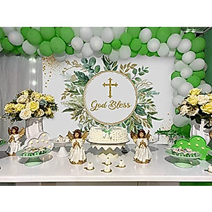 Mocsicka God Bless Backdrop First Communion Baptism Christening Party Decorations Vinyl Green Leaves Newborn Baby Shower Photography Background Photo Booth (7x5ft)
