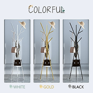 IOTXY Metal Coat Rack Tree - 71 inches Tall Floor Standing Clothing Hanger with Wooden Shelf and 9 Hooks for Handbag Jacket Scarf Rack, Gold