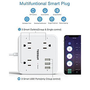 Smart Power Strip Surge Protector, TESSAN WiFi Extension Cord with 3 Individually Remote Controlled Outlets 3 USB Ports, Timer Smart Plug Switch for Lights, Lamps, Fan, Works with Alexa & Google Home