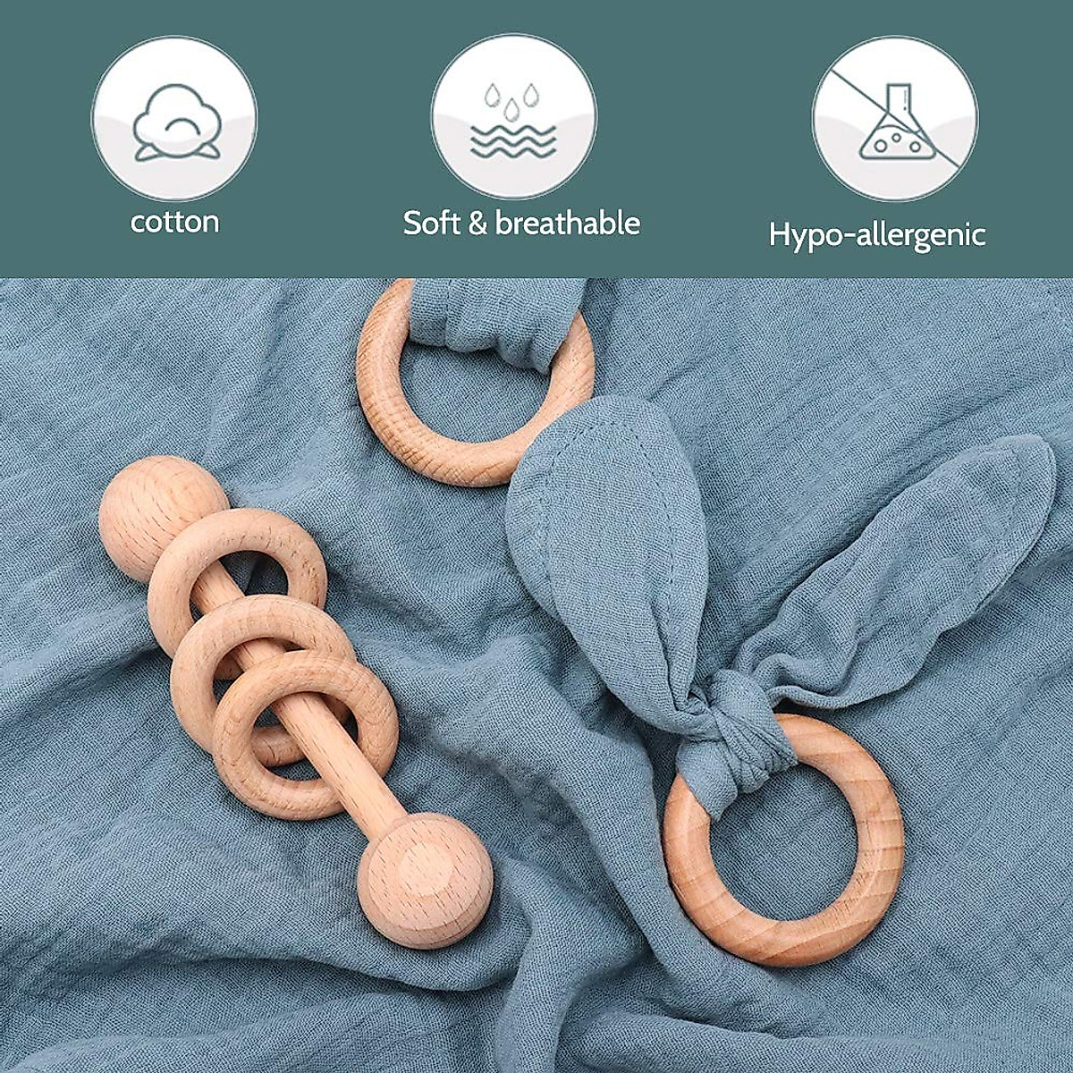 Baby Lovey, Wood Rattle, Teether Ring, 3 Pack Montessori Gift, Gray, Cotton, Double Gauze, Baby Shower, Gender Neutral Gift