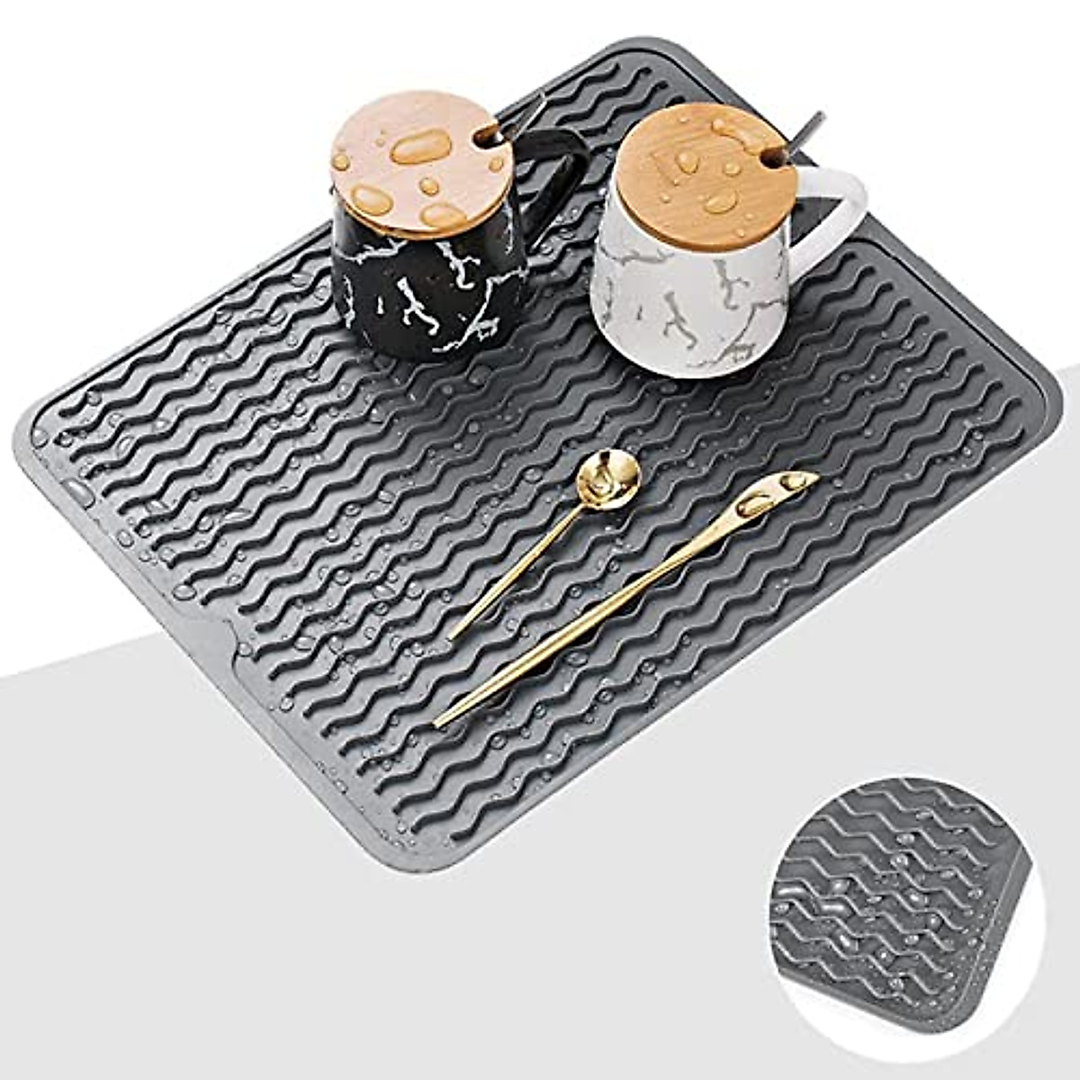 Hopeup Dish Drying Mat for Kitchen Counter, Slip Resistant Silicone Quick Dry Pad for Washing Dishes Cup Draining Pad Heat Insulation Anti-Slip Reliable Restaurant Cutlery Draining Pad Black