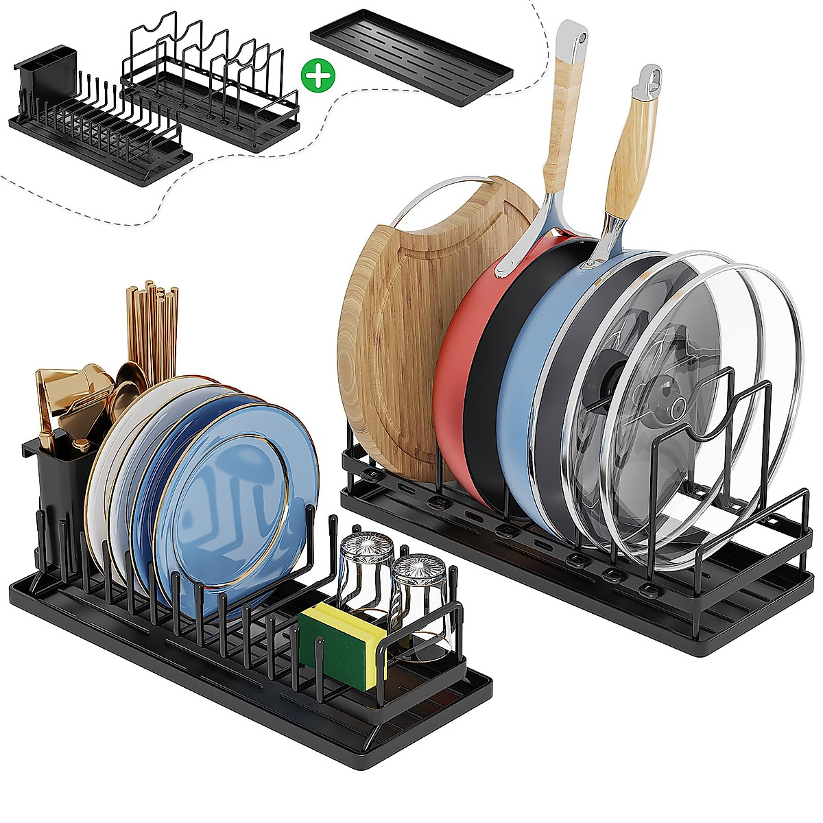 KEKAPE Multifunctional Stainless Steel Dish Drying Rack with Pots and Pans Storage Rack, Dish Drying Rack, Pots and Pans Storage Rack, Cup Rack Storage 3-Piece Set