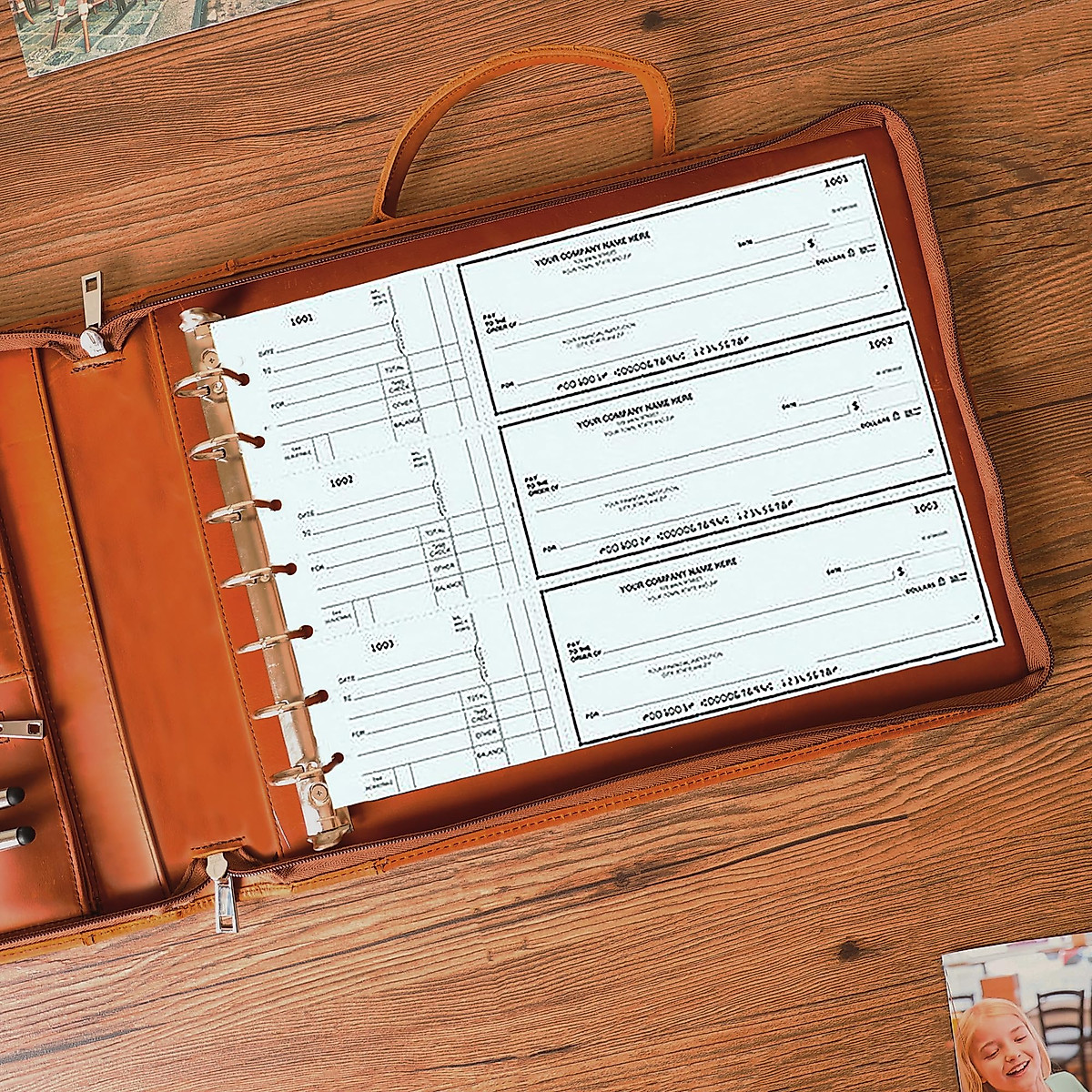 7 Ring Check Binder Cowhide Leather Check Portfolio for 3-Up Business Checks, Check Book Binder with Handle, Zippered Check Holder with 500 Check Capacity, Personalized Checkbook