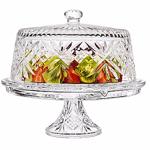Godinger 4 in 1 Cake Stand and Serving Plate Platter with Dome Cover, Multi-Purpose Use - Dublin Crystal Collection