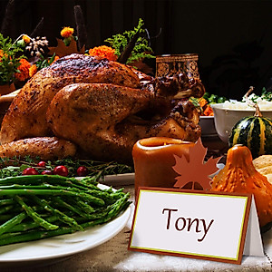 Outus 25 Pieces Thanksgiving Greeting Place Cards 4 x 2 Inch Fall Guest Seating Tent Cards Autumn Table Name Place Cards with Pumpkin Turkey Witch Hat Design for Thanksgiving Dinner Party Supplies