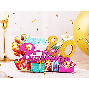Liif Happy 80th Birthday Pop Up Card, 80th Birthday Card For Women, Men, Mom, Dad | With Message Note & Envelop | Size 8 X 6 Inch