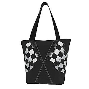 SLAFD Waterproof Women Canvas Shoulder Bag, Checkered Flags Race Car Flag Casual Handbag Shopping Bag Travel Beach Tote Bag for Women Ladies