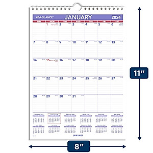 AT-A-GLANCE 2024 Wall Calendar, 8" x 11", Small, Ruled Blocks, Spiral Bound, Monthly (PM12824)