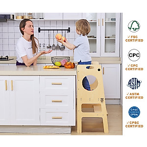 Foldable 4-in-1 Study Tower with Chalkboard for Learning, Montessori Kitchen Step Stool Toddlers Folding Stool for Kids 1-6years Ideal Helper