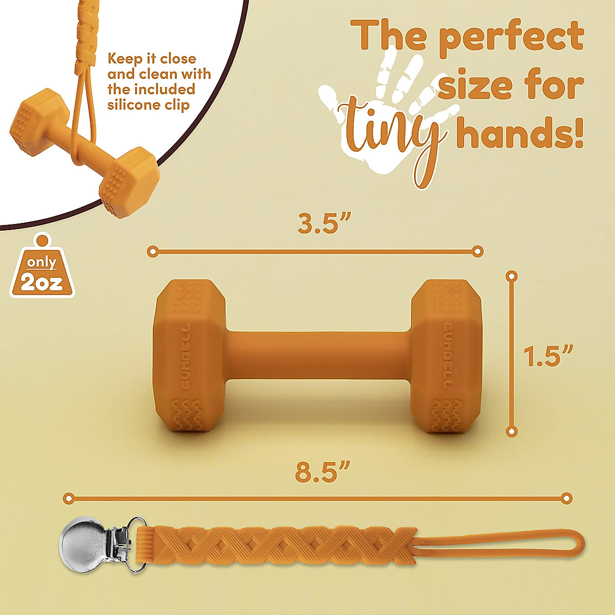 Gumbell- Baby Dumbbell Teething Toy with Pacifier Clip, Baby Toys 3-6 Months, Silicone Teether for Babies 6-12 Months, Fitness Novelty Teether (Orange)