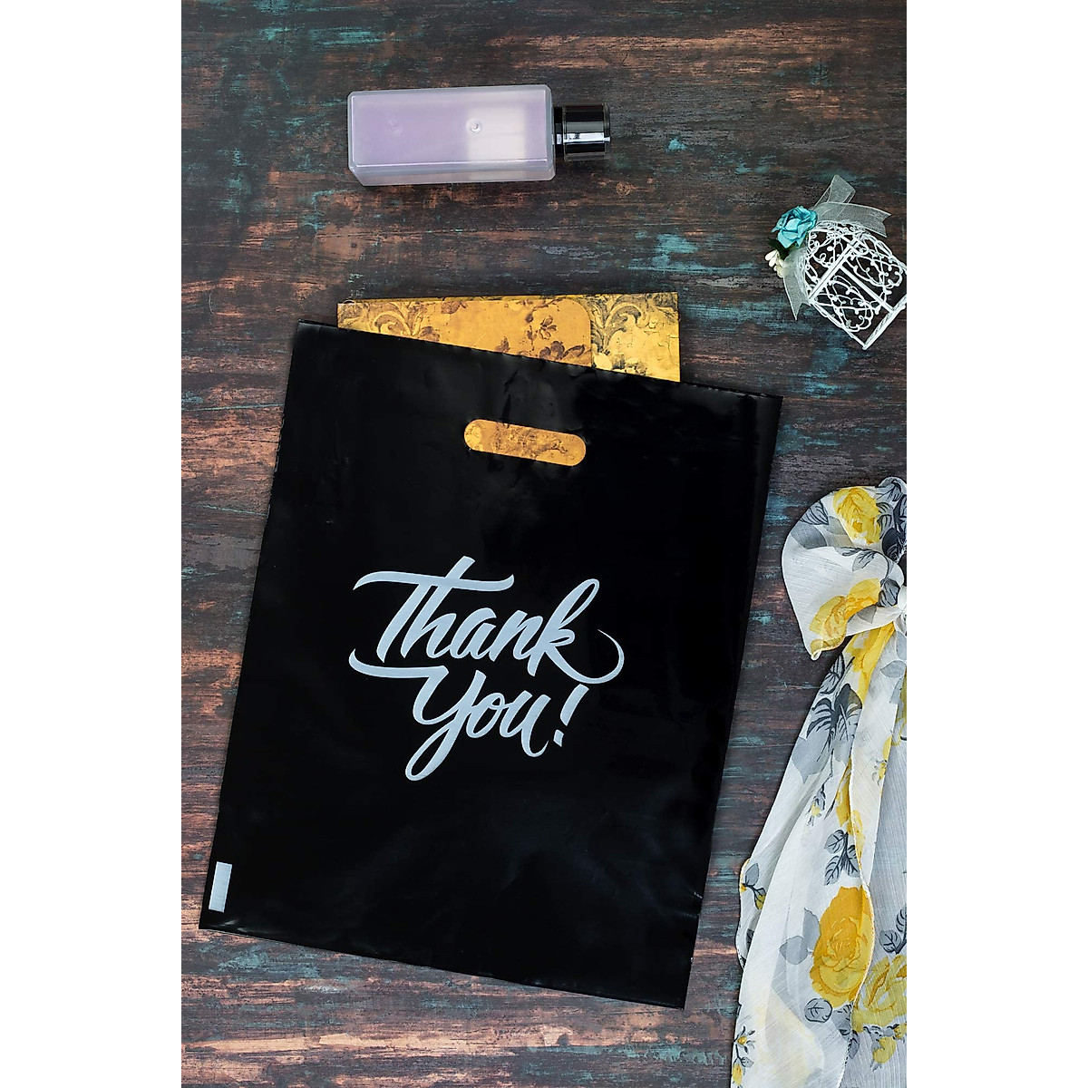 Infinite Pack Black 12"x15"(100pcs) Thank You Merchandise Bags, Die Cut Handles, Retail Shopping Bags for Boutique, Goodie Bags, Gift Bags Bulk, Favors, 1.75 Mil Reusable Plastic Bags