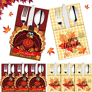 36 Pieces Thanksgiving Utensil Cutlery Holders Cutlery Wraps Bag with Maple Leaf and Turkey Give Thanks Cutlery Pouch Holder Silverware Pouch Bags for Fall Harvest Party Supplies Thanksgiving Decor