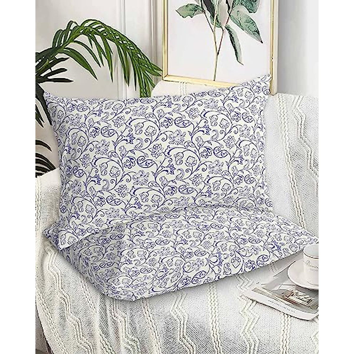 Edwiinsa Navy Blue Spring Floral Pillow Covers King Standard Set of 2 20x36 Bed Pillow, Modern Flower Pattern Aesthetics Plush Soft Comfort for Hair/Skin Cooling Pillowcases with Envelop Closure