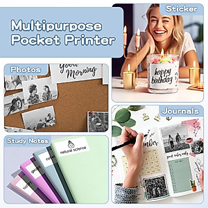 Gloryang Mini Printer, 2 Inch Bluetooth Pocket Printer Compatible with Android & iOS, Sticker Printer Maker for Study Notes, Portable Inkless Printer for Photos, DIY, Journals, White