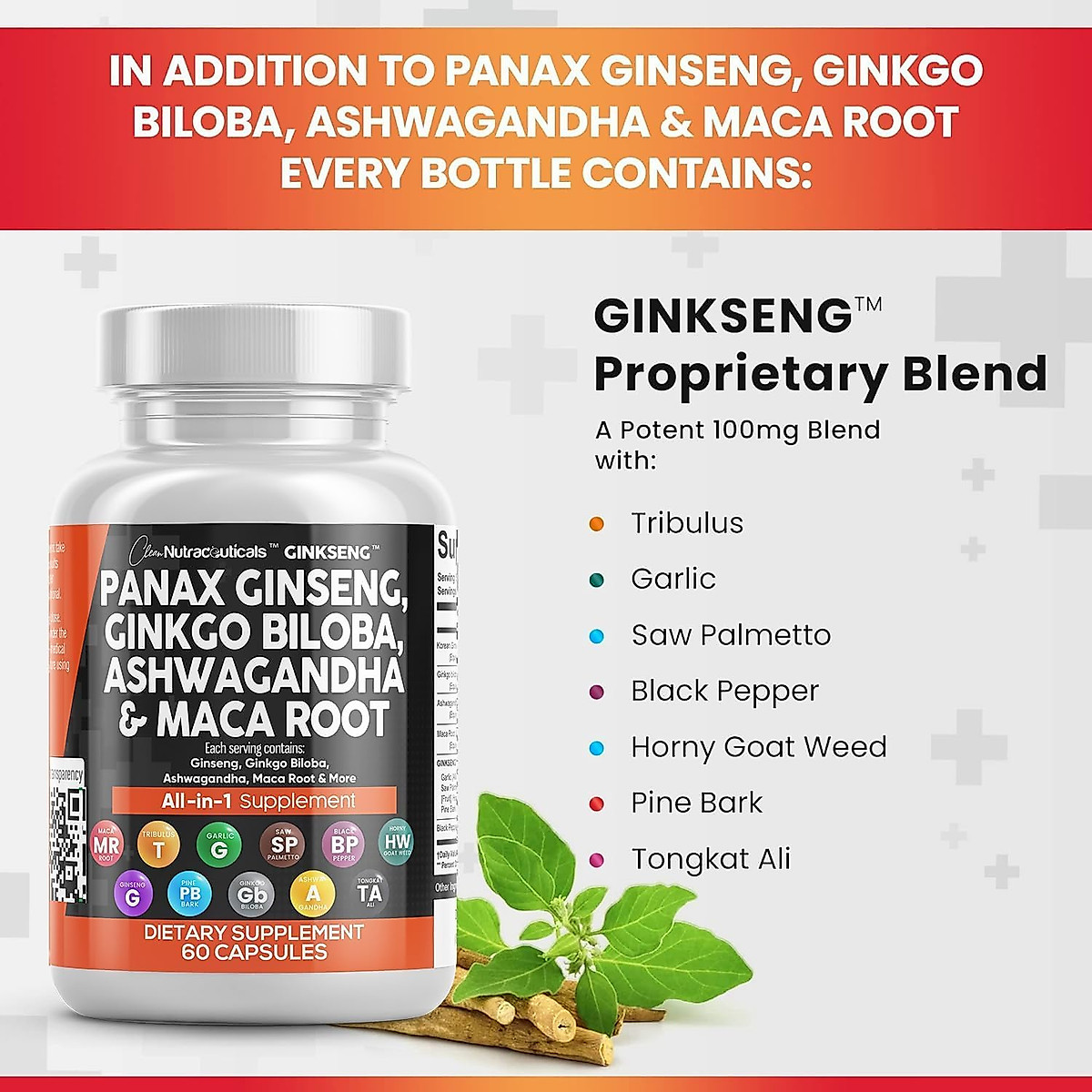 Clean Nutraceuticals Panax Ginseng Ginkgo Biloba Ashwagandha Maca Root - Focus Supplement Pills for Women and Men with Pine Bark Extract, Garlic, and Saw Palmetto - 60 Caps