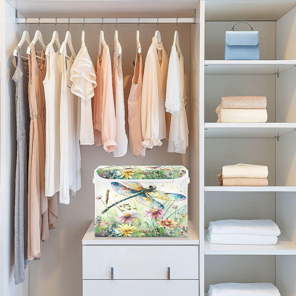 senya Baskets Collapsible Storage Bins with Lids, Dragonfly Wildflowers Painting Storage Boxes Clothes Baskets for Organizing, B06D22020