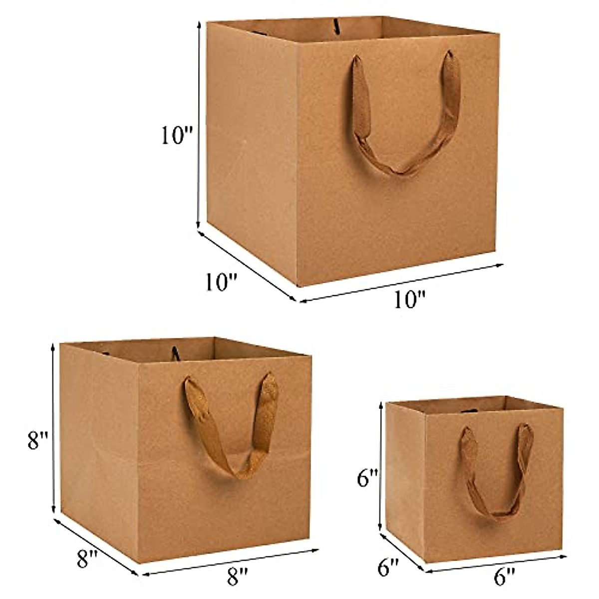 Yesland 30 Pack Kraft Bags with Ribbon Handles, 3 Sizes Paper Gift Wrap and Shopping Bags, Reusable Square Large Retail Business Packaging Bags for Goodie, Party, Wedding, Present(10'', 8'', 6'')